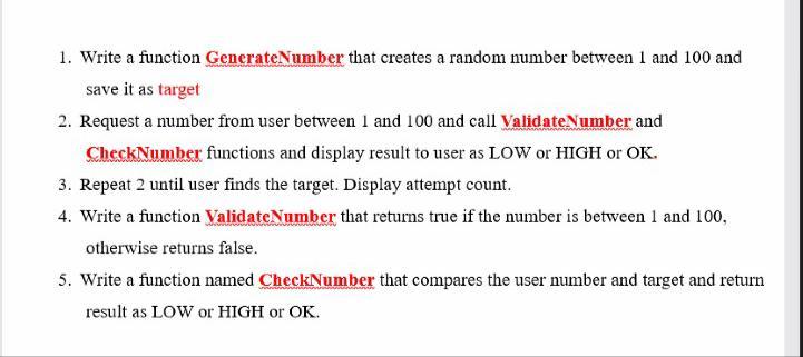Solved 1. Write a function GenerateNumber that creates a | Chegg.com