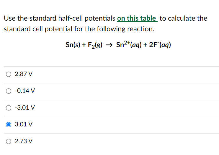 Solved Use the standard half-cell potentials on this table | Chegg.com