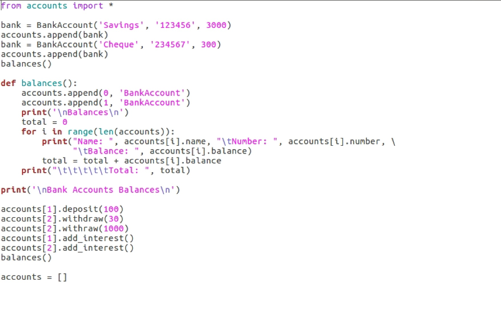Solved ns.py 15.8.2) accounts.py-fuse Class BankAccount | Chegg.com