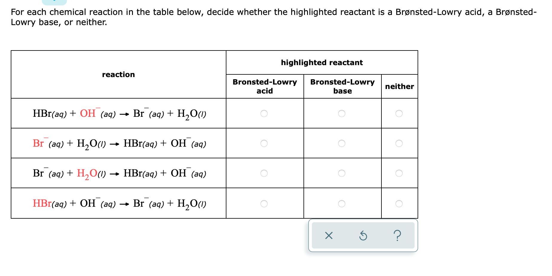Solved For each chemical reaction in the table below, decide | Chegg.com