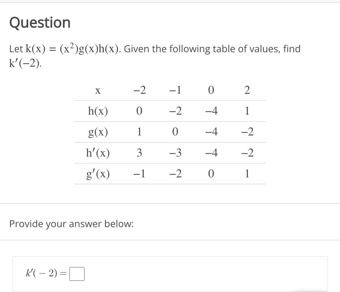 Solved Let k(x)=(x2)g(x)h(x). Given the following table of | Chegg.com