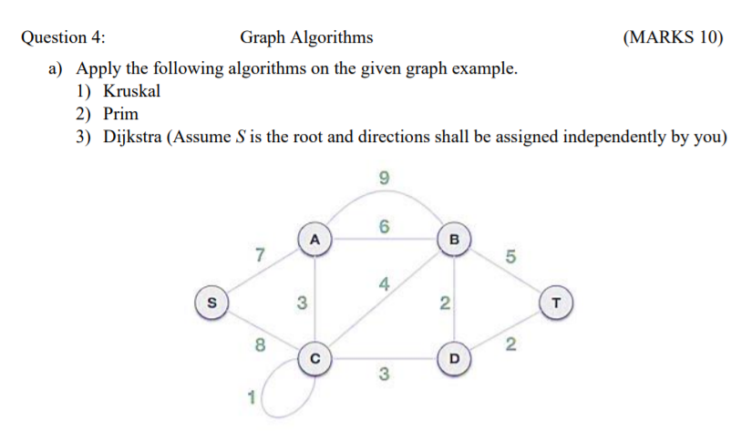 Solved Question 4: Graph Algorithms (MARKS 10) a) Apply the | Chegg.com