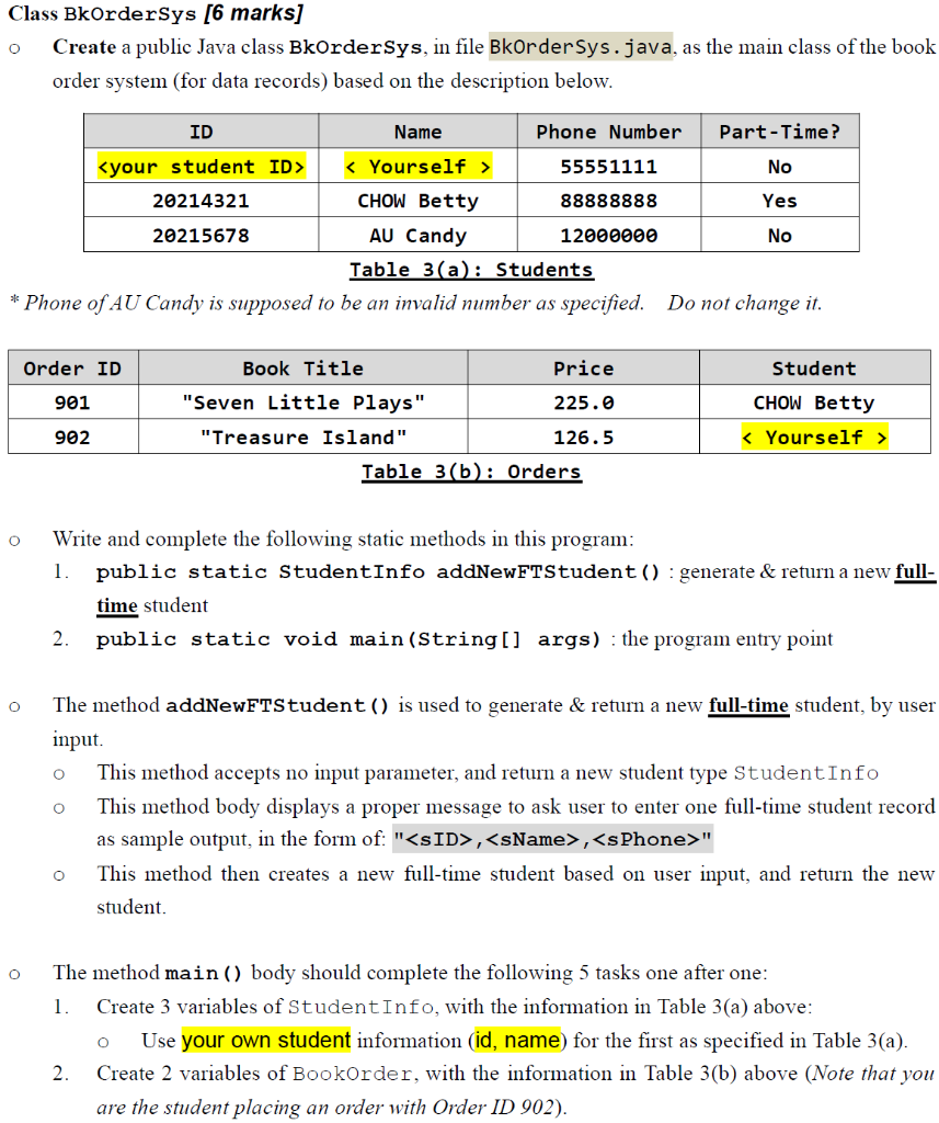 Class BkOrderSys [6 marks] Create a public Java class | Chegg.com