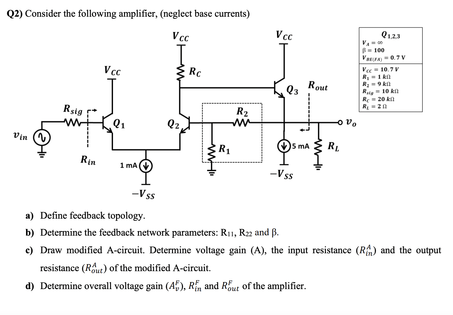 Solved Q2) Consider the following amplifier, (neglect base | Chegg.com