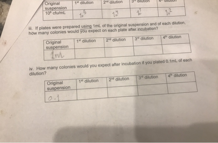 Solved Original suspension 10 cfu/mL 1st dilution 2nd | Chegg.com
