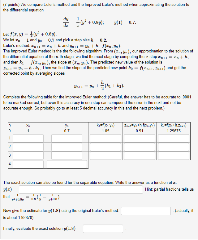 Solved (7 points) We compare Euler's method and the Improved | Chegg.com