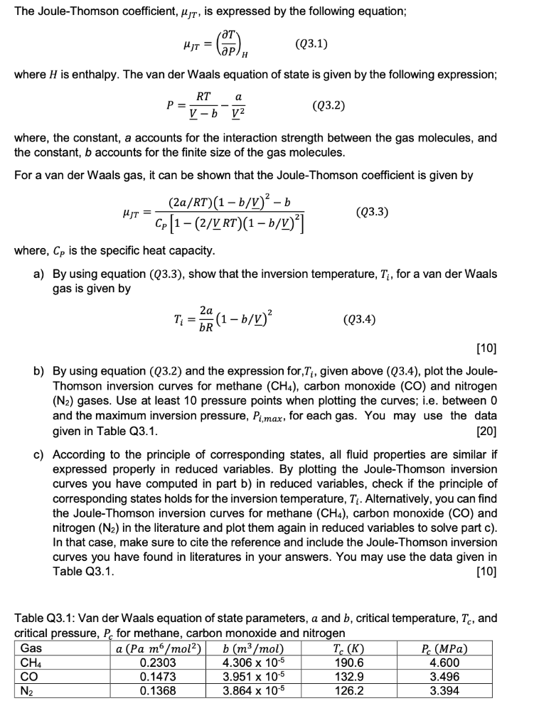 Solved The Joule-Thomson coefficient, Mjt, is expressed by | Chegg.com
