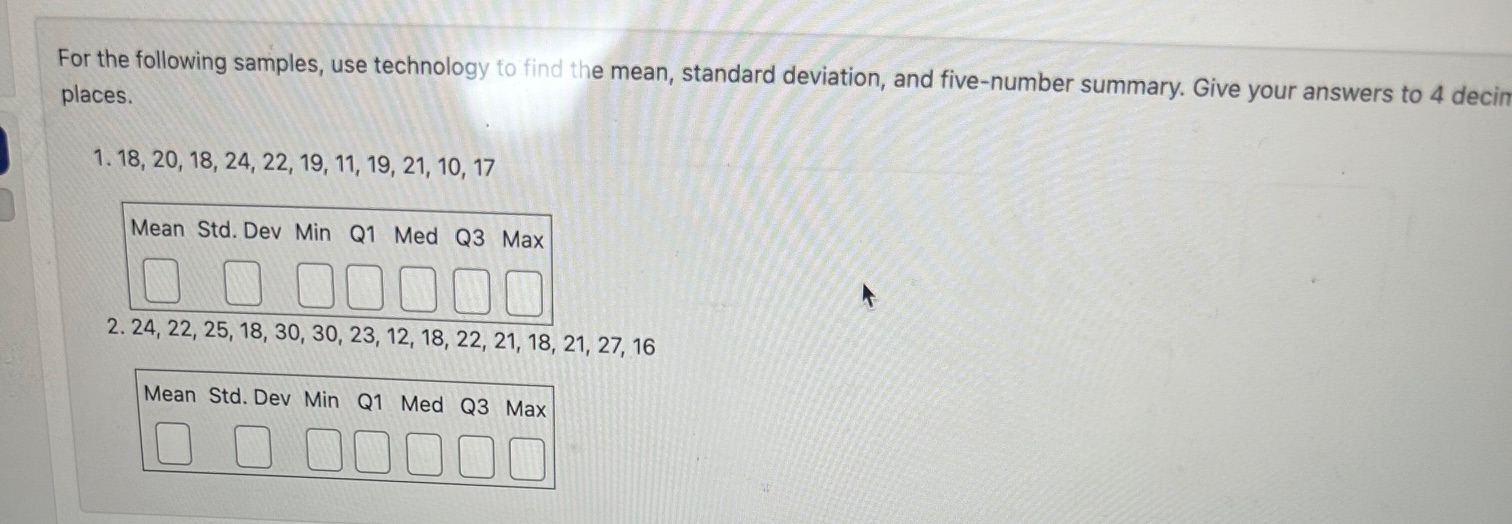 Solved For the following samples, use technology to find the | Chegg.com
