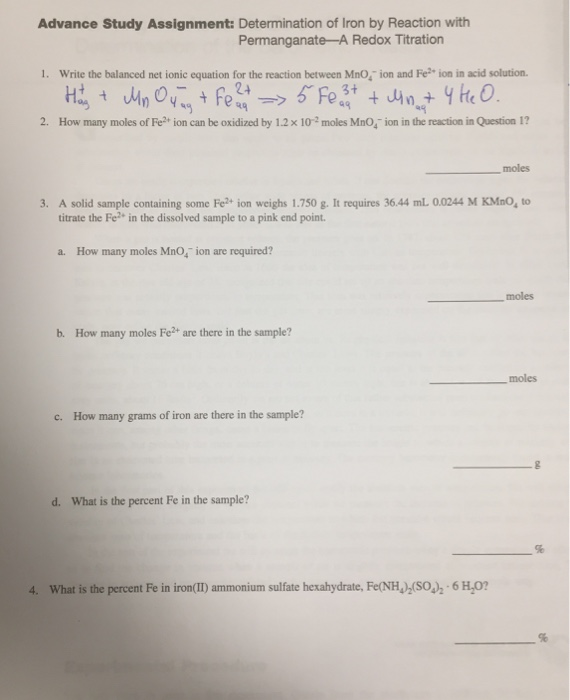 Solved Advance Study Assignment: Determination of Iron by | Chegg.com