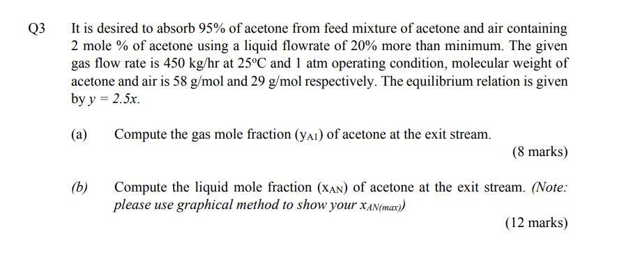 Solved Q3 It is desired to absorb 95% of acetone from feed | Chegg.com