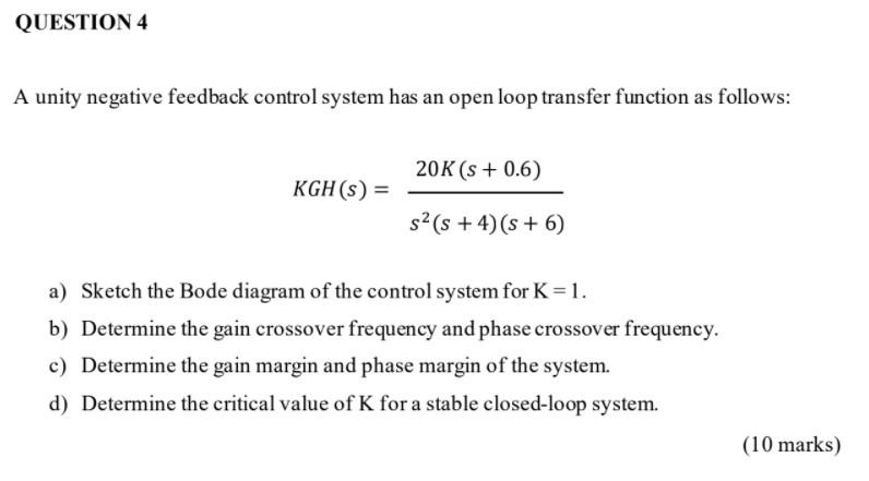 QUESTION 4 A unity negative feedback control system | Chegg.com