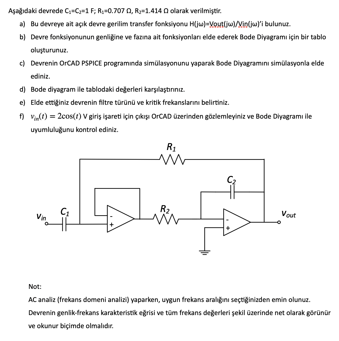 Aşağıdaki devrede C1=C2=1F;R1=0.707Ω,R2=1.414Ω | Chegg.com