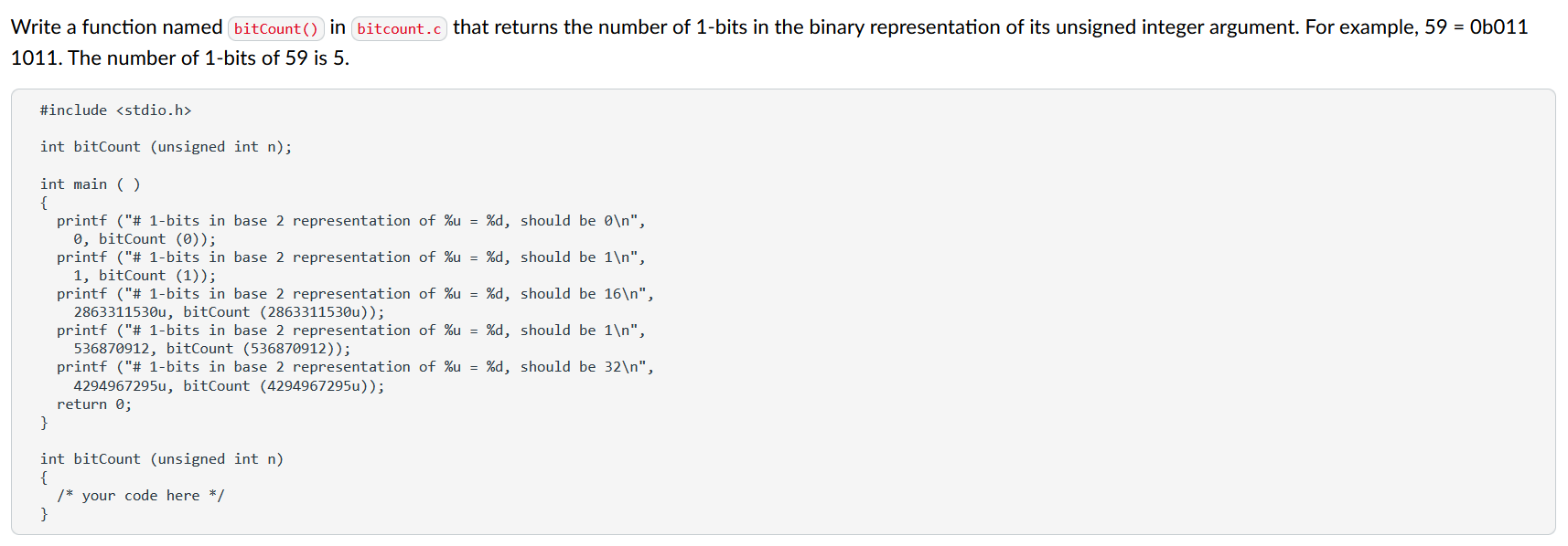 Solved Write A Function Named Bitcount In Bitcountc That 
