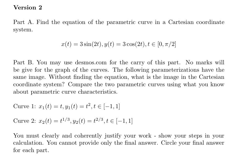 Solved Part A. Find the equation of the parametric curve in | Chegg.com