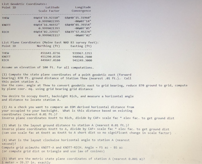 List Geodetic Coordinates: Point ID Latitude Scale | Chegg.com