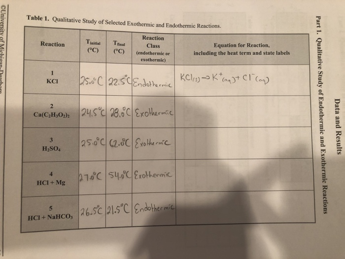Solved Table 1. Qualitative Study of Selected Exothermic and | Chegg.com