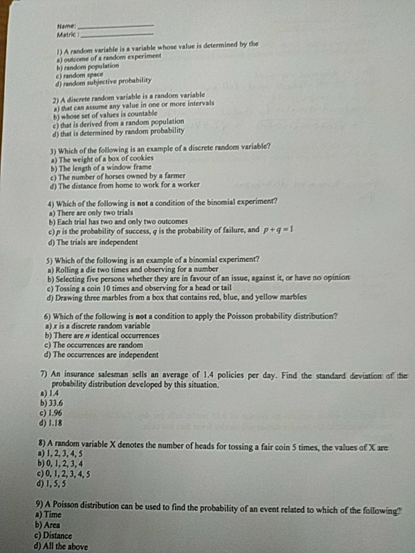 Solved Name: Matric 1) A random Variable is a variable whose | Chegg.com