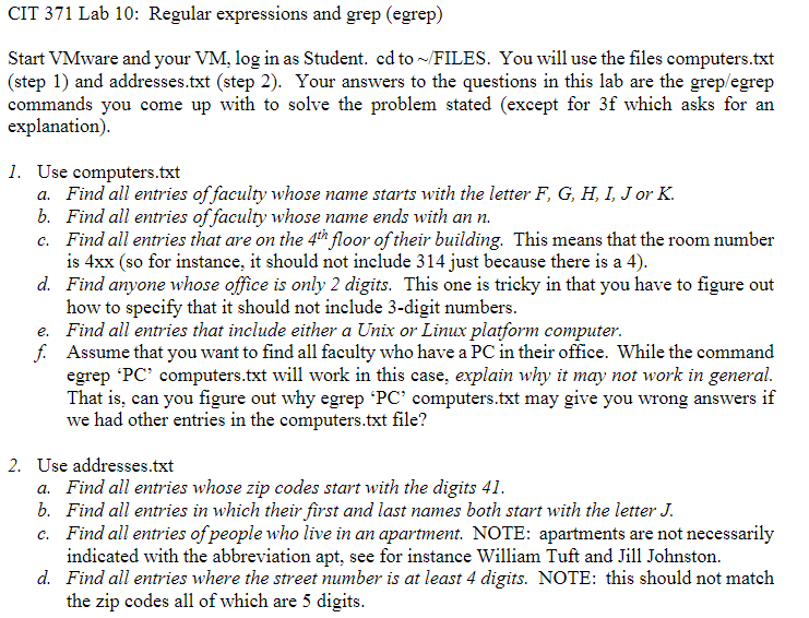 CIT 371 Lab 10: Regular expressions and grep (egrep) | Chegg.com