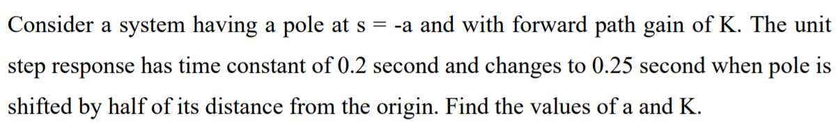 Solved Consider a system having a pole at s = -a and with | Chegg.com