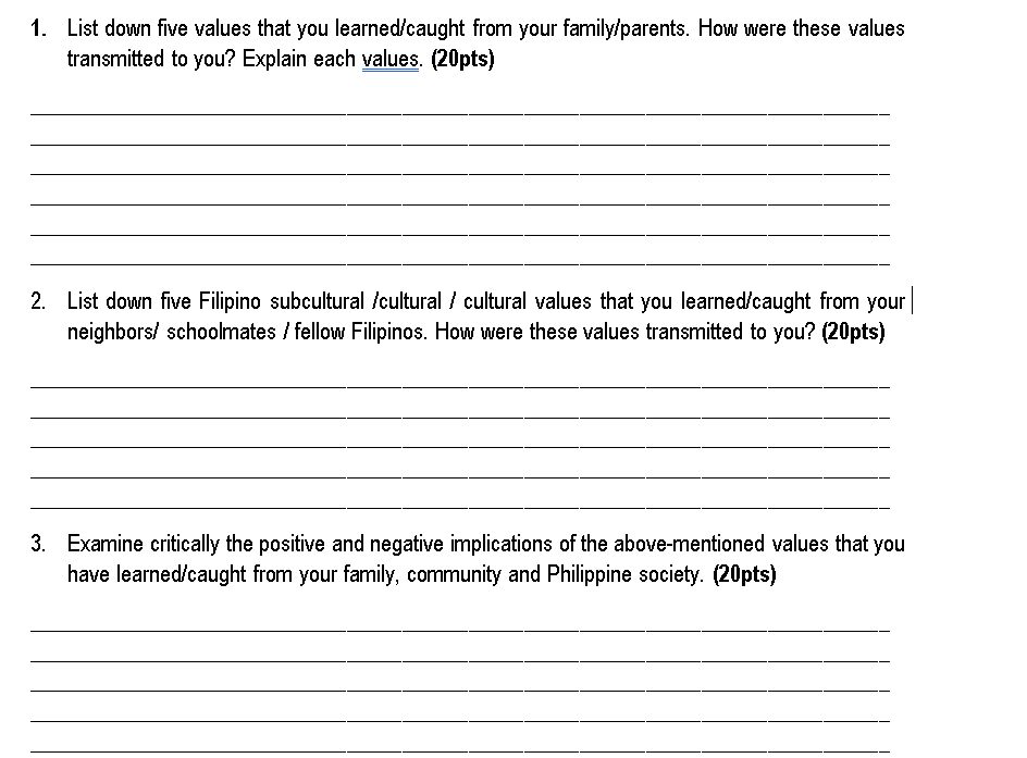 1. List down five values that you learned/caught from | Chegg.com