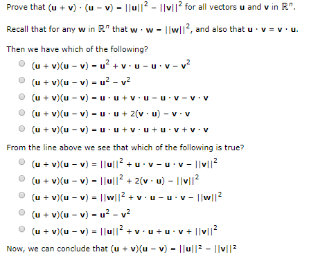Solved Prove that (u + v). (u - v) = ||0||- ||v||2 for all | Chegg.com