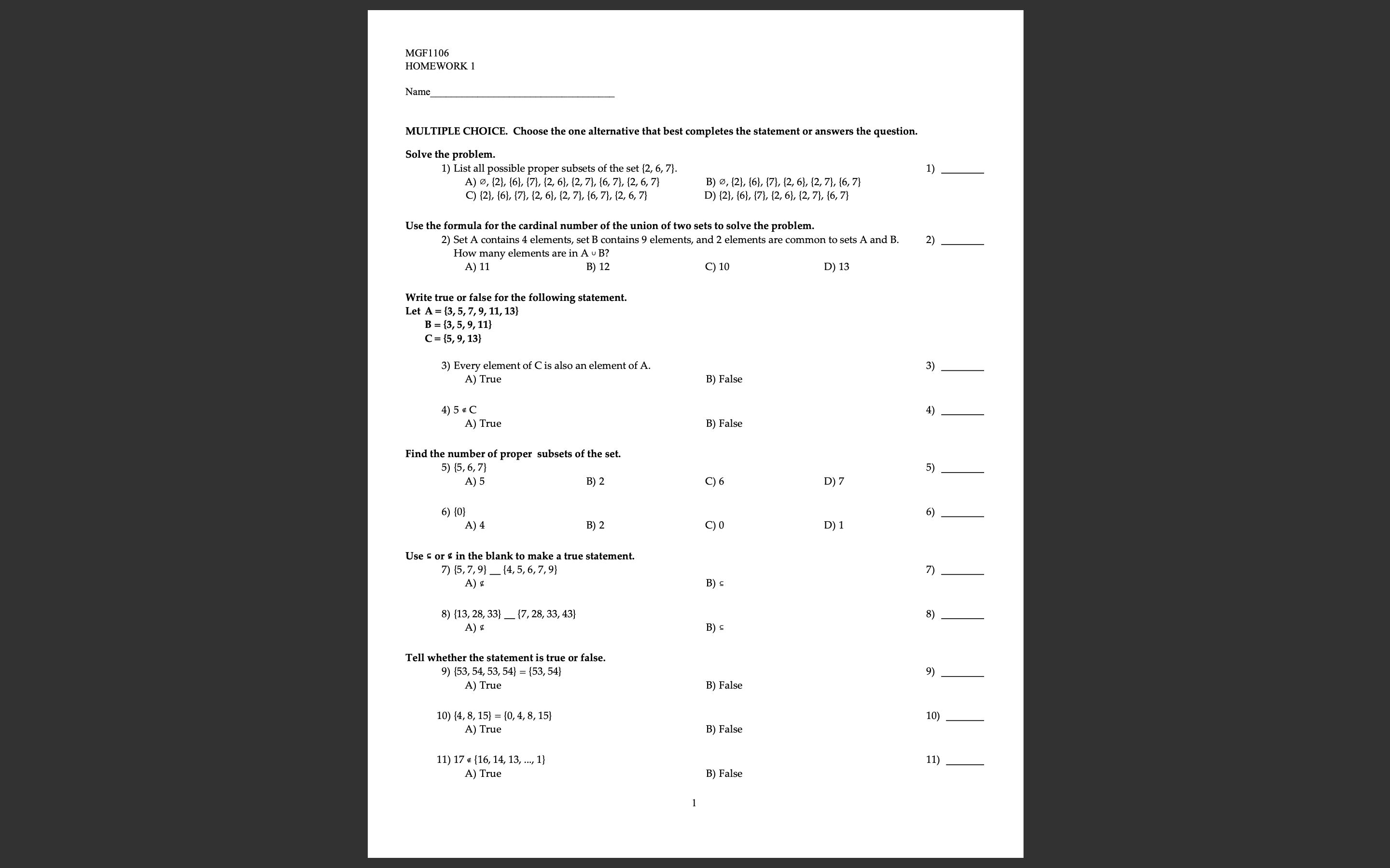 Solved MGF1106 HOMEWORK 1 Name MULTIPLE CHOICE. Choose the | Chegg.com