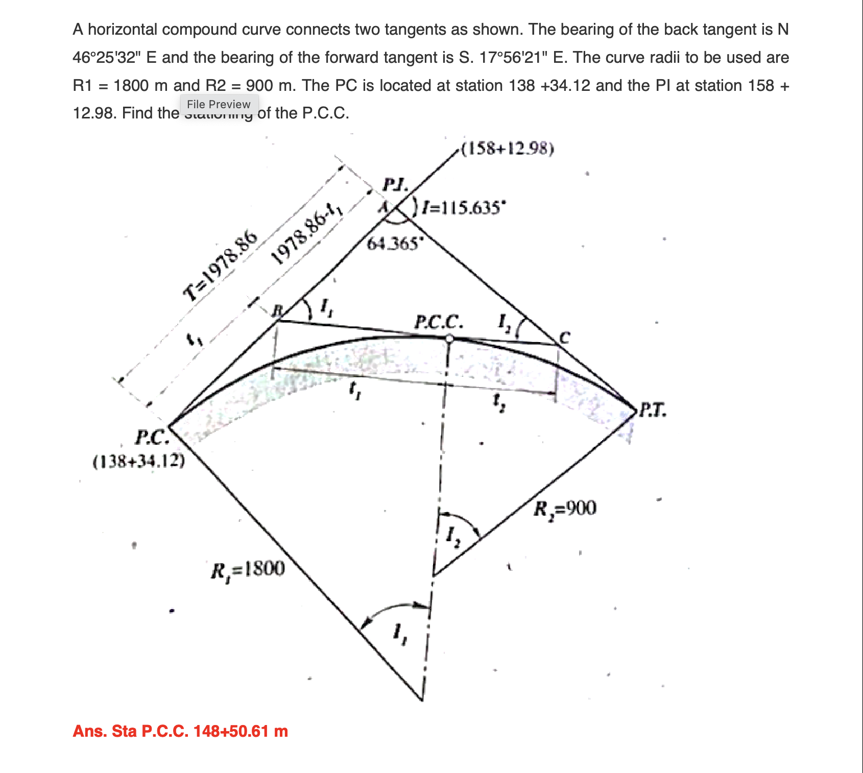 Solved A horizontal compound curve connects two tangents as | Chegg.com