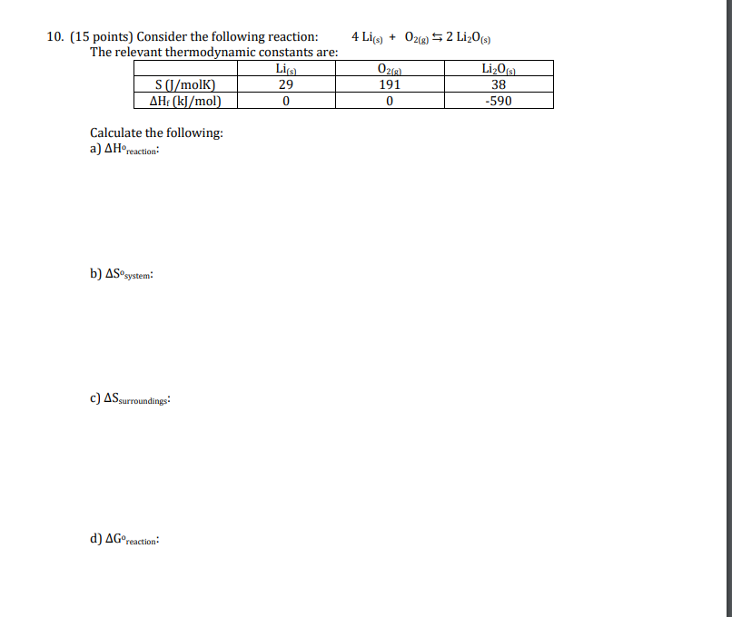 Solved 4 Lis) + O2(g) 5 2 Li20 (8) 10. (15 points) Consider | Chegg.com