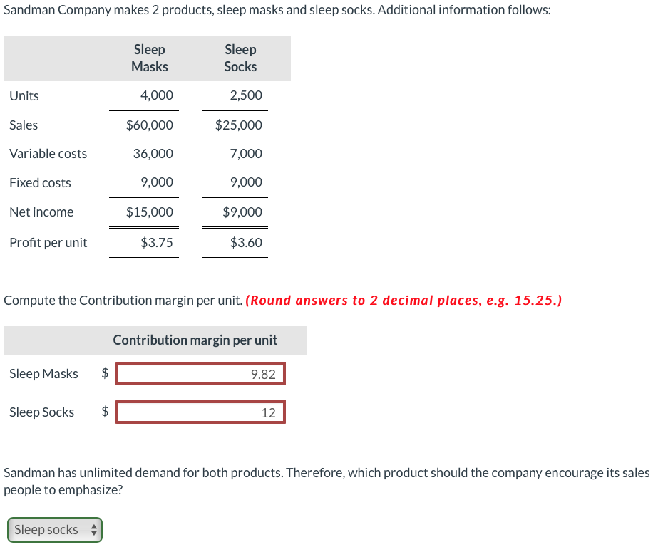 Solved Sandman Company makes 2 products, sleep masks and | Chegg.com
