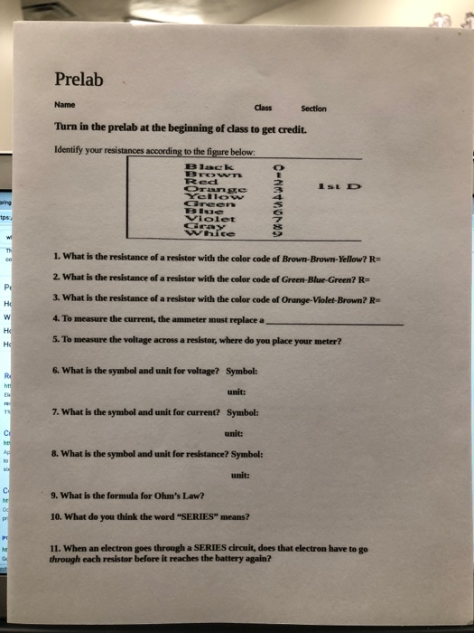 Solved Prelab Name Class Section Turn in the prelab at the | Chegg.com