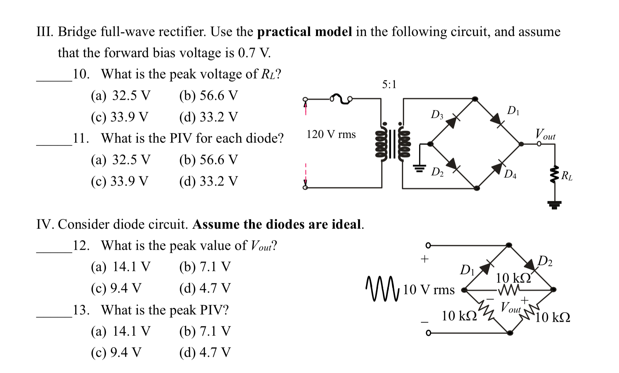 III. Bridge full-wave rectifier. Use the practical | Chegg.com