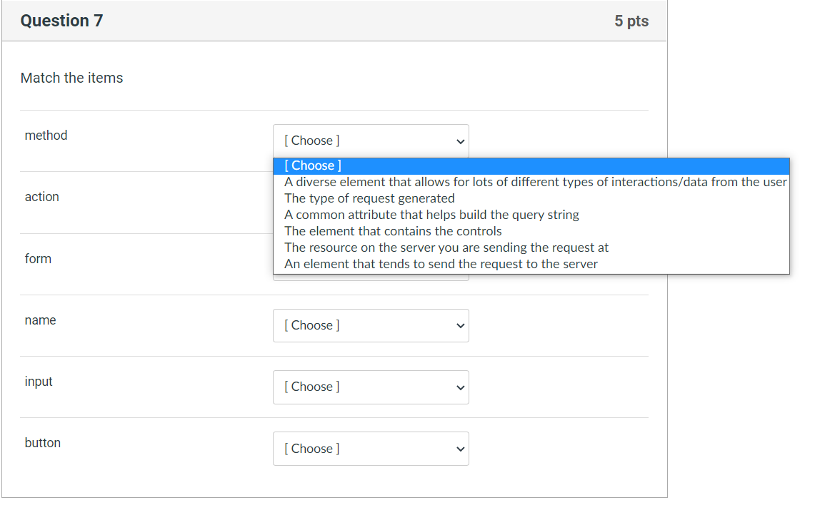 Solved Match the items method action form name input button | Chegg.com