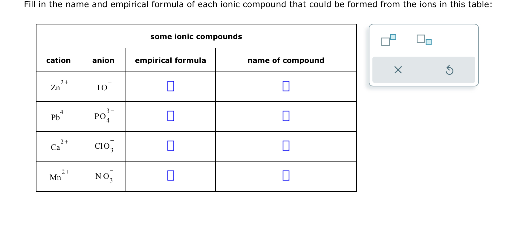 Solved Fill in the name and empirical formula of each ionic | Chegg.com