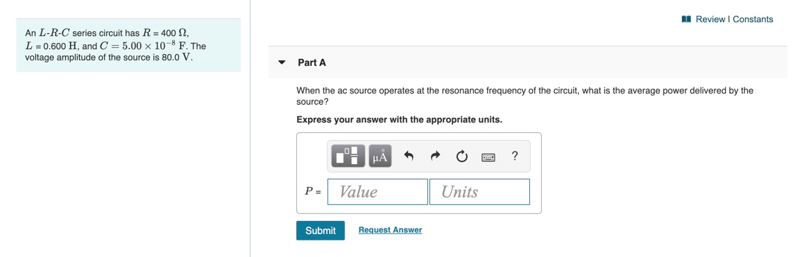 Solved A Review Constants An L-R-C series circuit has R = | Chegg.com