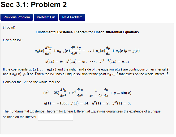 Solved (1 point) Fundamental Existence Theorem for Linear | Chegg.com