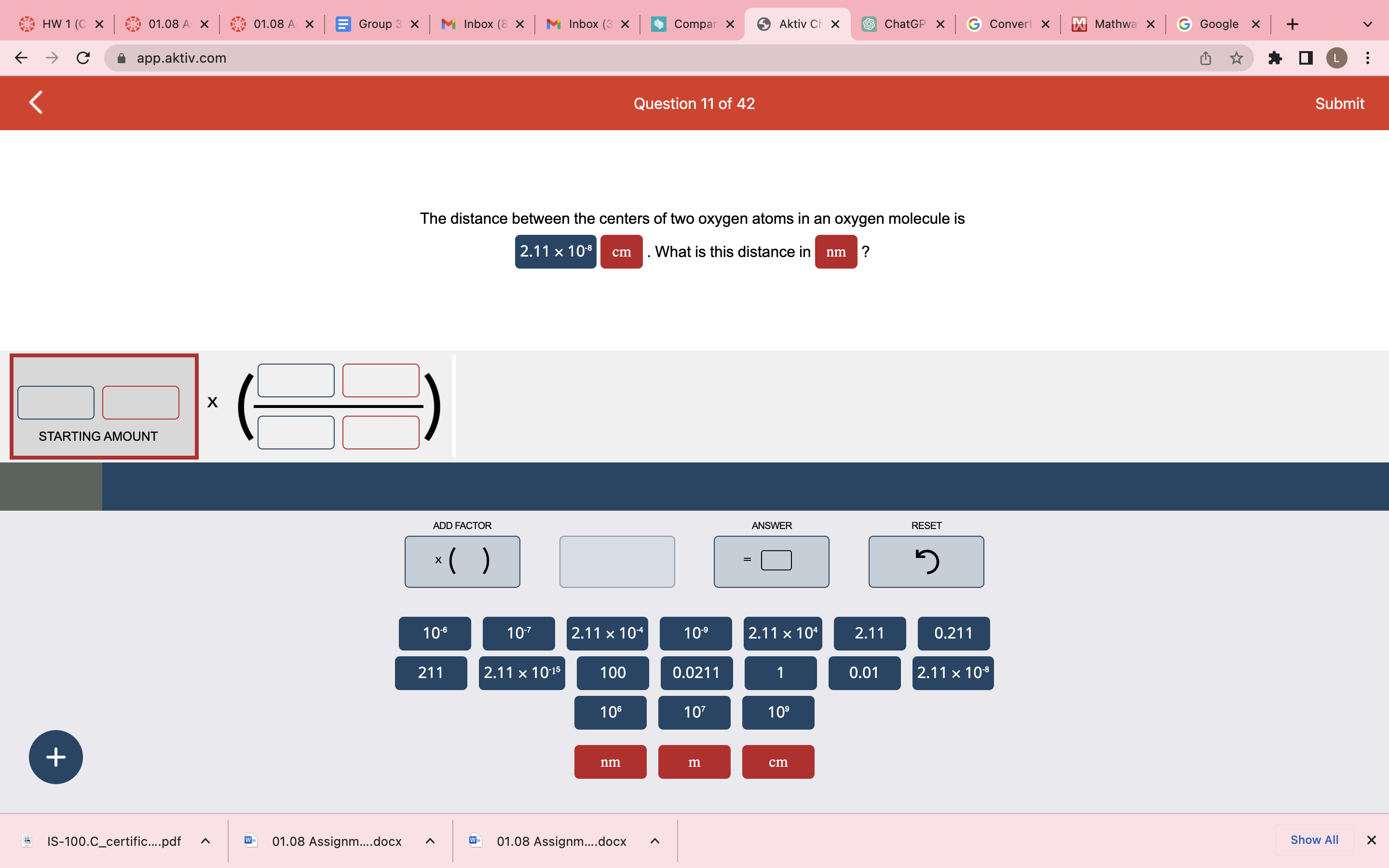 Solved The distance between the centers of two oxygen atoms | Chegg.com