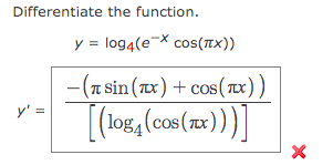 Solved Differentiate the function. y = log4(e* cos(x)) y' = | Chegg.com