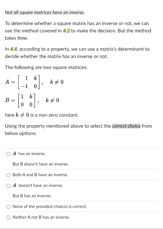 Solved Not all square matrices have an ﻿inverse.To | Chegg.com
