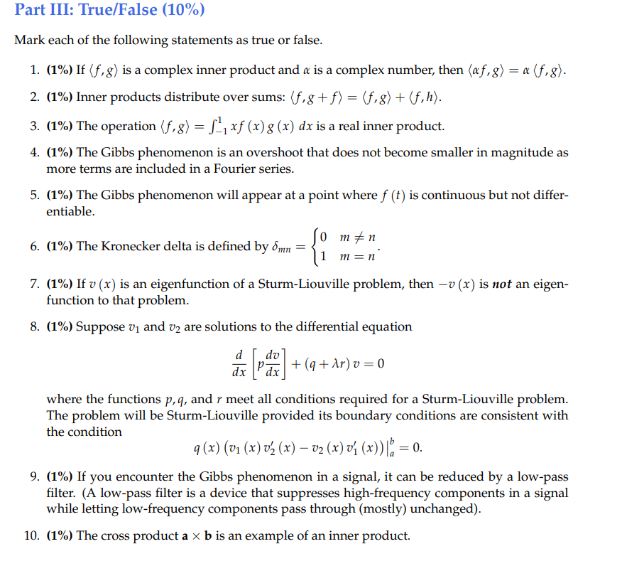 Solved Part III: True/False (10%) = Mark each of the | Chegg.com