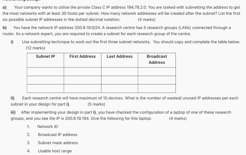 a) Your company wants to utilise the private Class C | Chegg.com