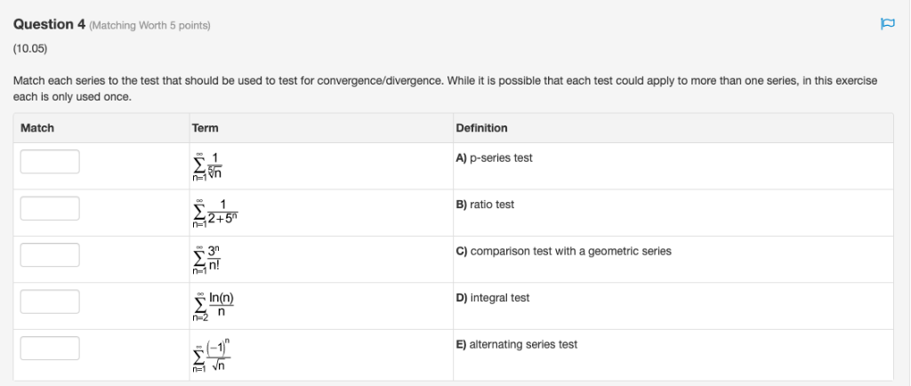 Solved Question 4 (Matching Worth 5 points) 10.05) Match | Chegg.com