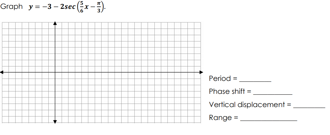 Solved Graph y=-3 – 2sec (x - 5). Period Phase shift = | Chegg.com