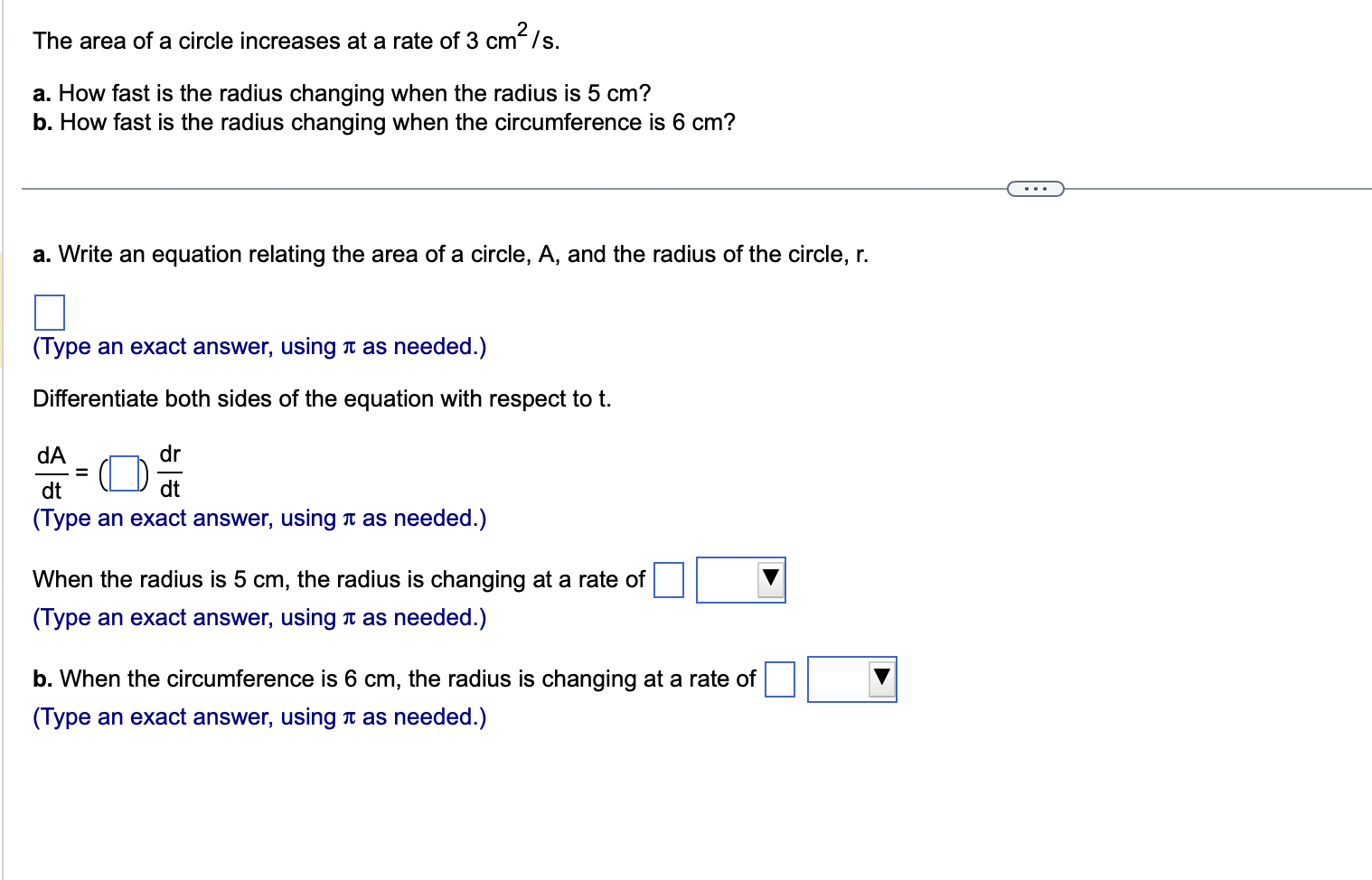 Solved The area of a circle increases at a rate of 3 cm2/s. | Chegg.com
