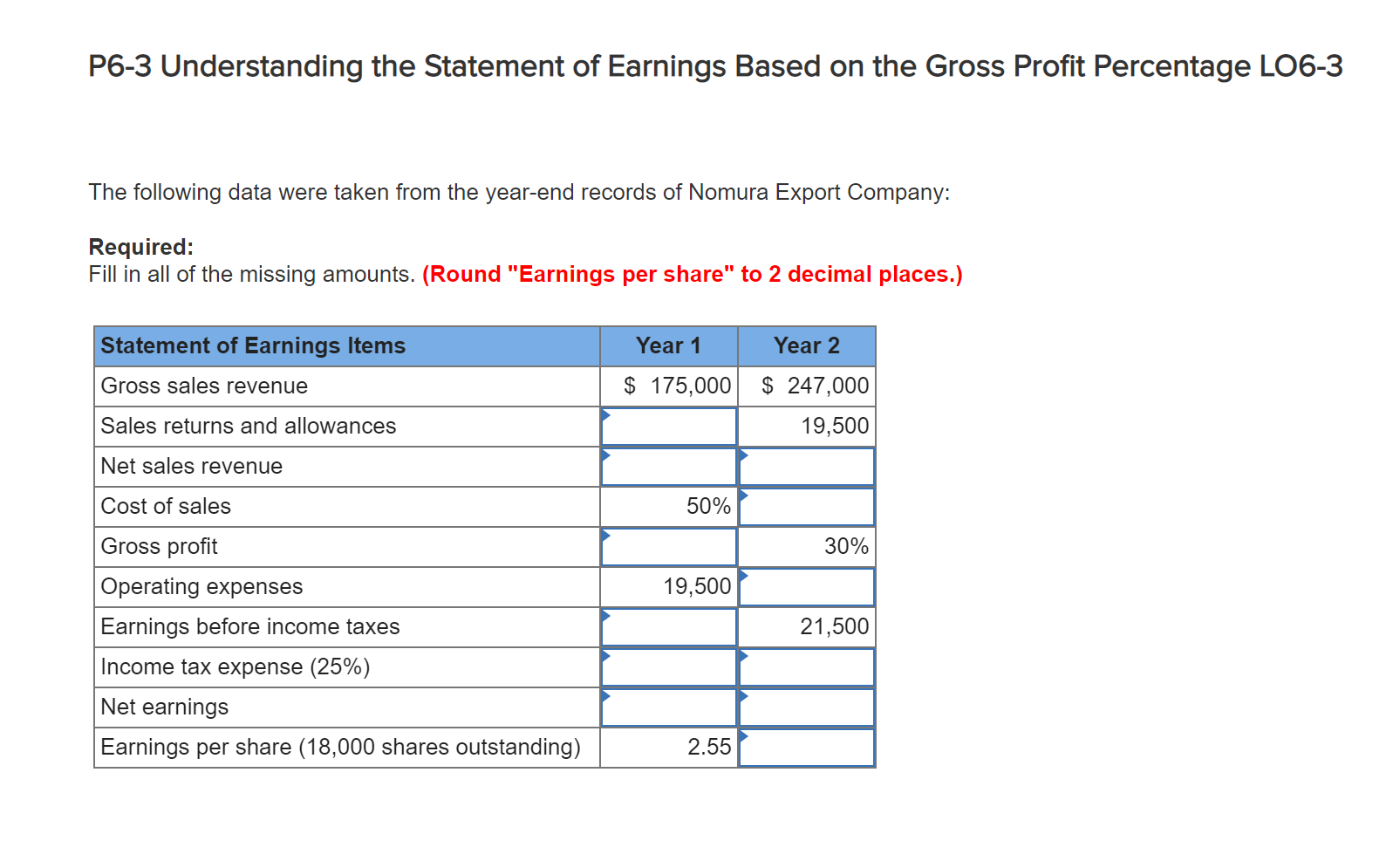 Solved P6-3 Understanding the Statement of Earnings Based on | Chegg.com