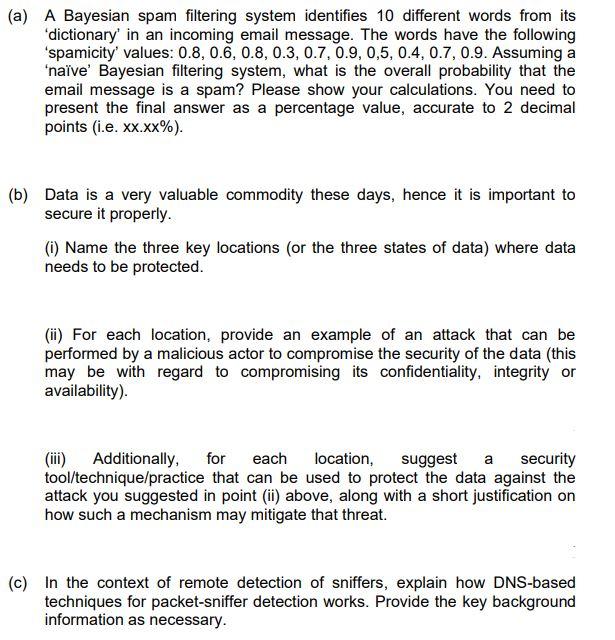 (a) A Bayesian spam filtering system identifies 10 | Chegg.com
