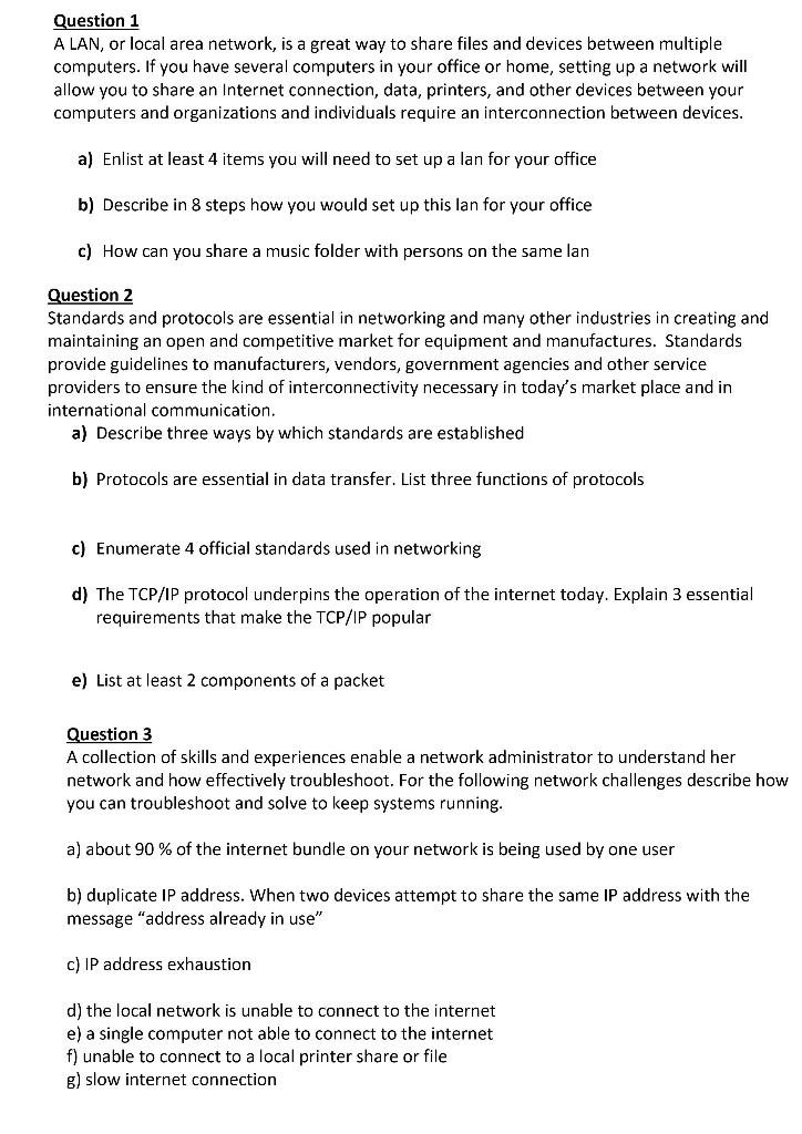 Solved Question 1 A LAN, or local area network, is a great | Chegg.com