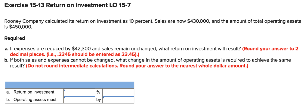 Solved Exercise 15-13 Return on investment LO 15-7 Rooney | Chegg.com