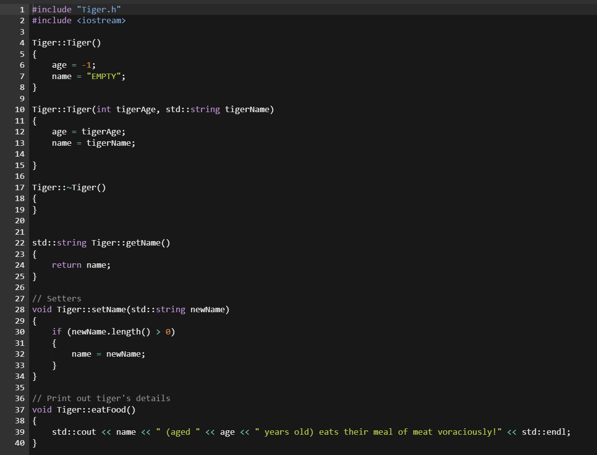 Solved Modify the following Tiger class and implementation | Chegg.com
