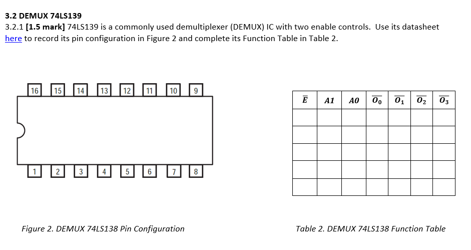 Solved 3.2 DEMUX 74LS139 3.2.1 (1.5 mark] 74LS139 is a | Chegg.com