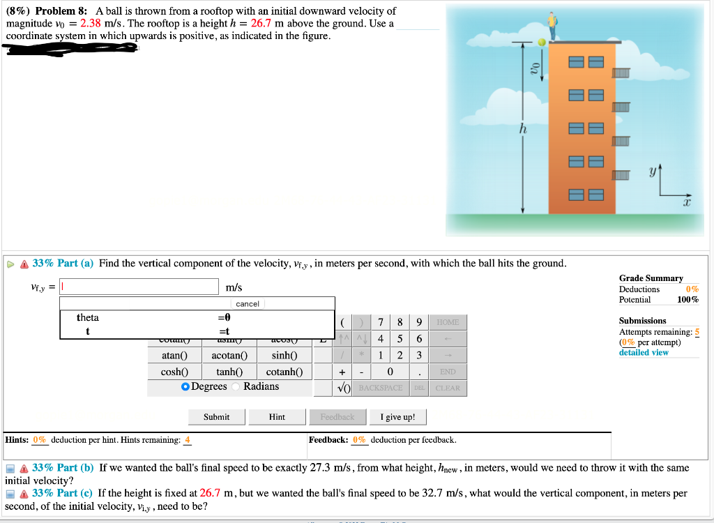 Solved (8\%) Problem 8: A ball is thrown from a rooftop with | Chegg.com